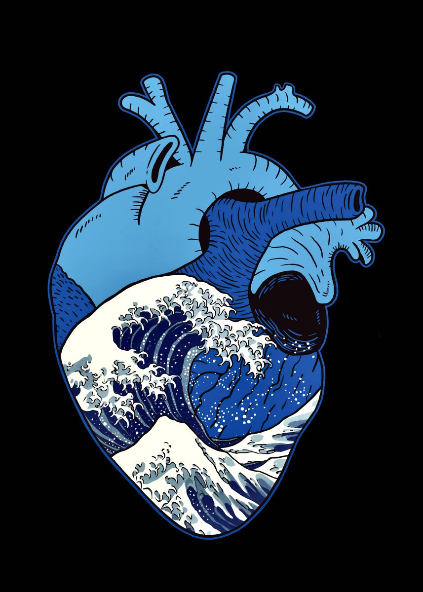 'Japanese wave heart' Poster, picture, metal print, paint by Simon ...
