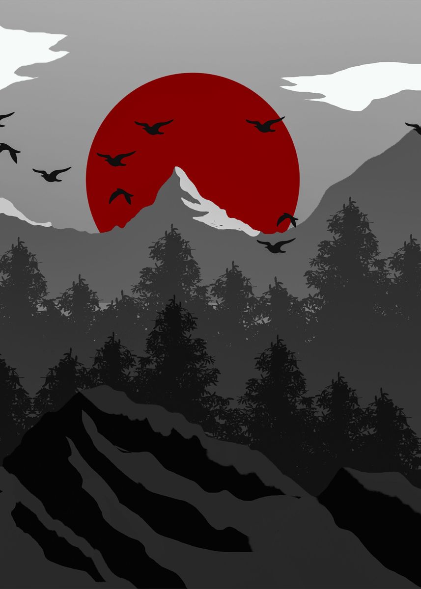 'Red Moon Mountain' Poster, picture, metal print, paint by Carbon ...