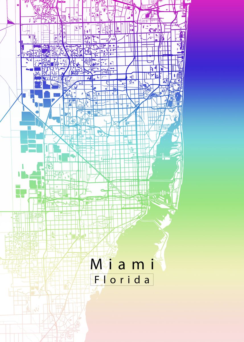 'Miami City Map' Poster, picture, metal print, paint by Mapique | Displate