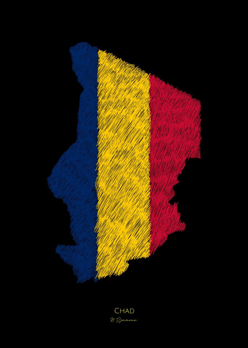 'Chad Line Art Map Flag Art' Poster, picture, metal print, paint by ...