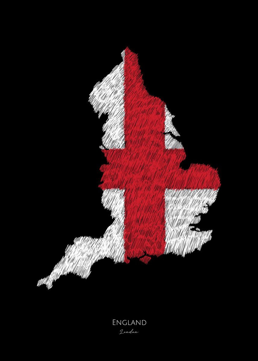 'England Flag Map Line Art' Poster, picture, metal print, paint by ...