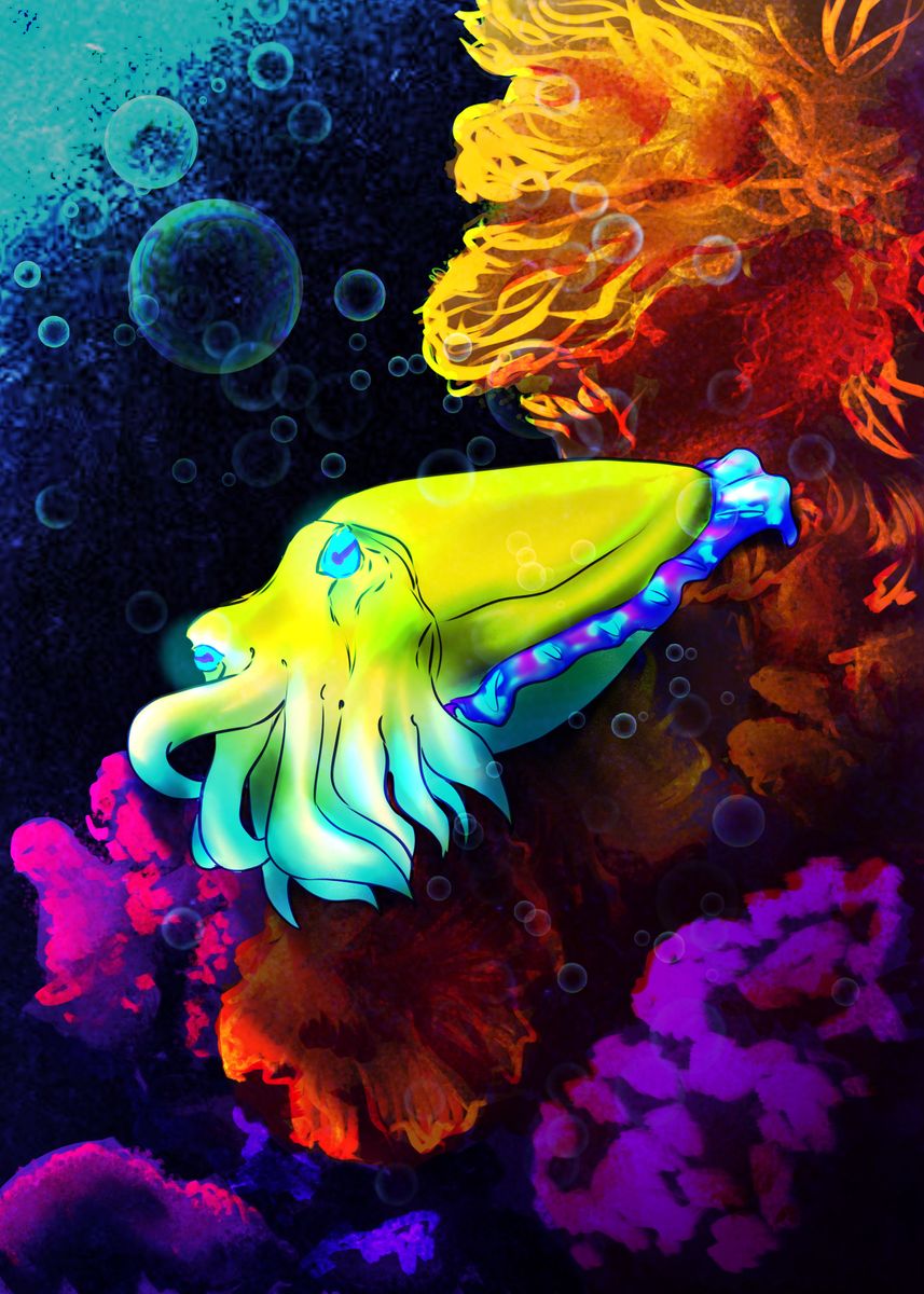 'Retro Cuttlefish' Poster, picture, metal print, paint by VPST | Displate