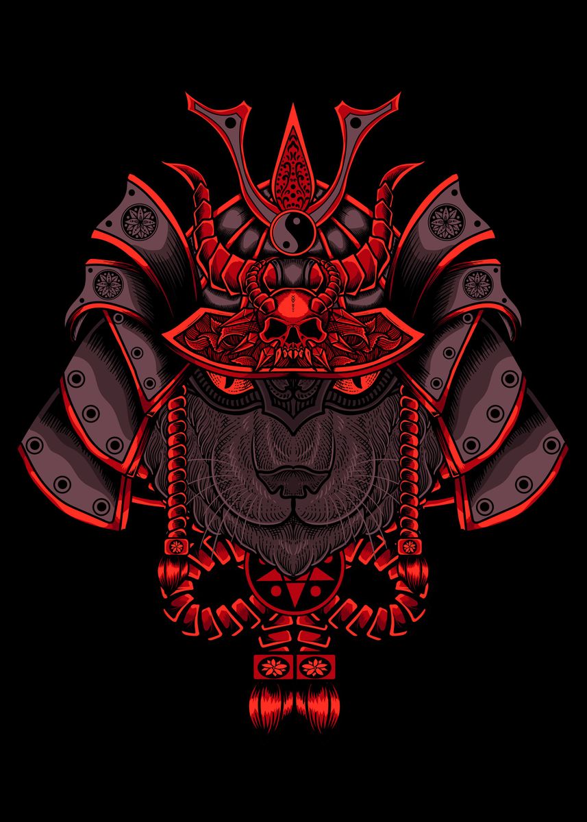 'Cat Face Samurai Helmet' Poster, picture, metal print, paint by ...