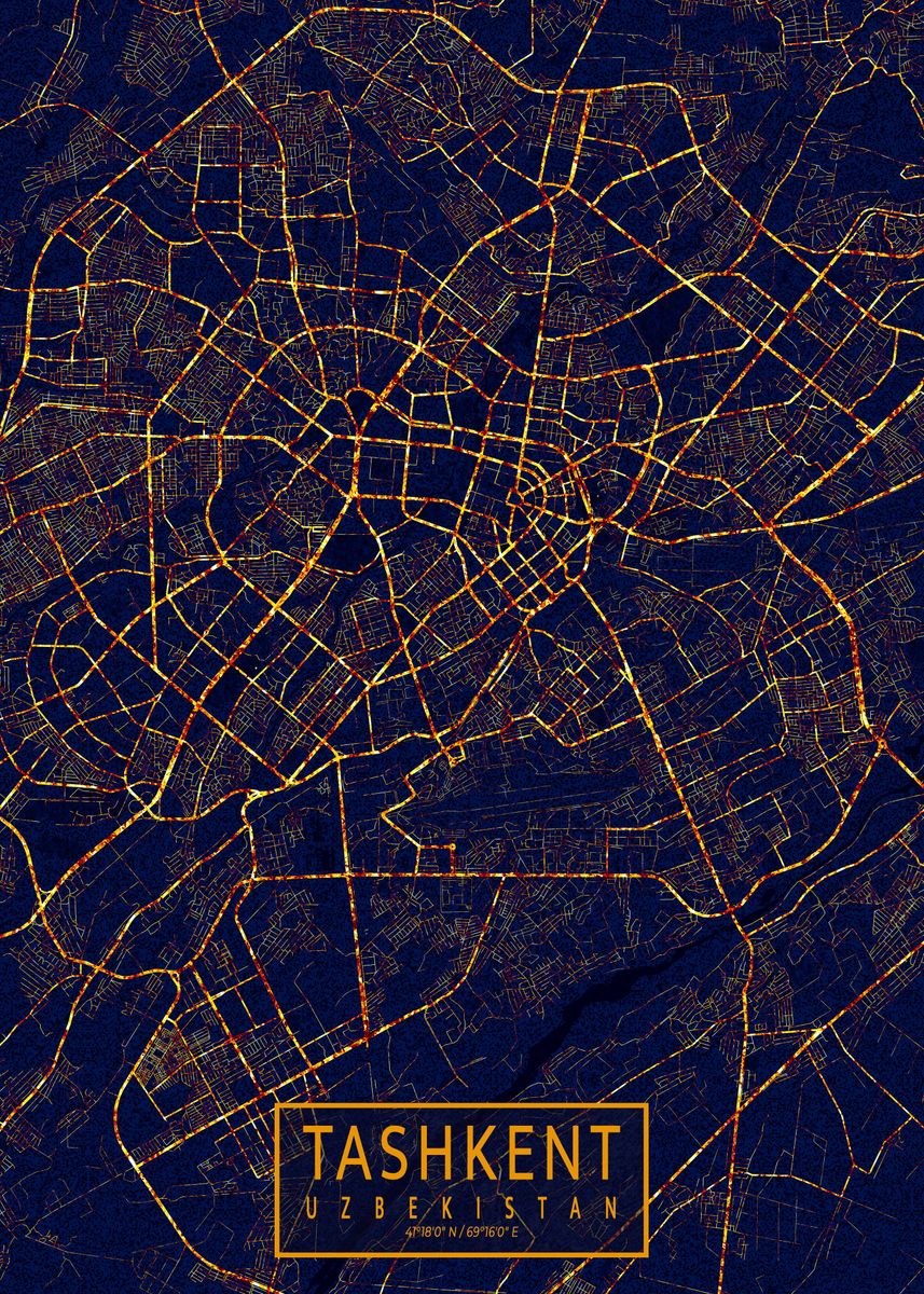 'Tashkent Map City Night' Poster, picture, metal print, paint by deMAP ...