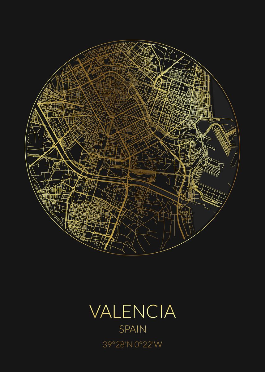 'Valencia Black Gold Map' Poster, picture, metal print, paint by ...