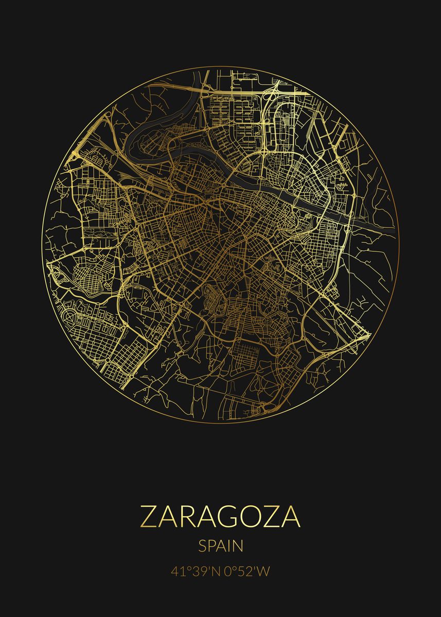 'Zaragoza Black Gold Map' Poster by dkDesign | Displate