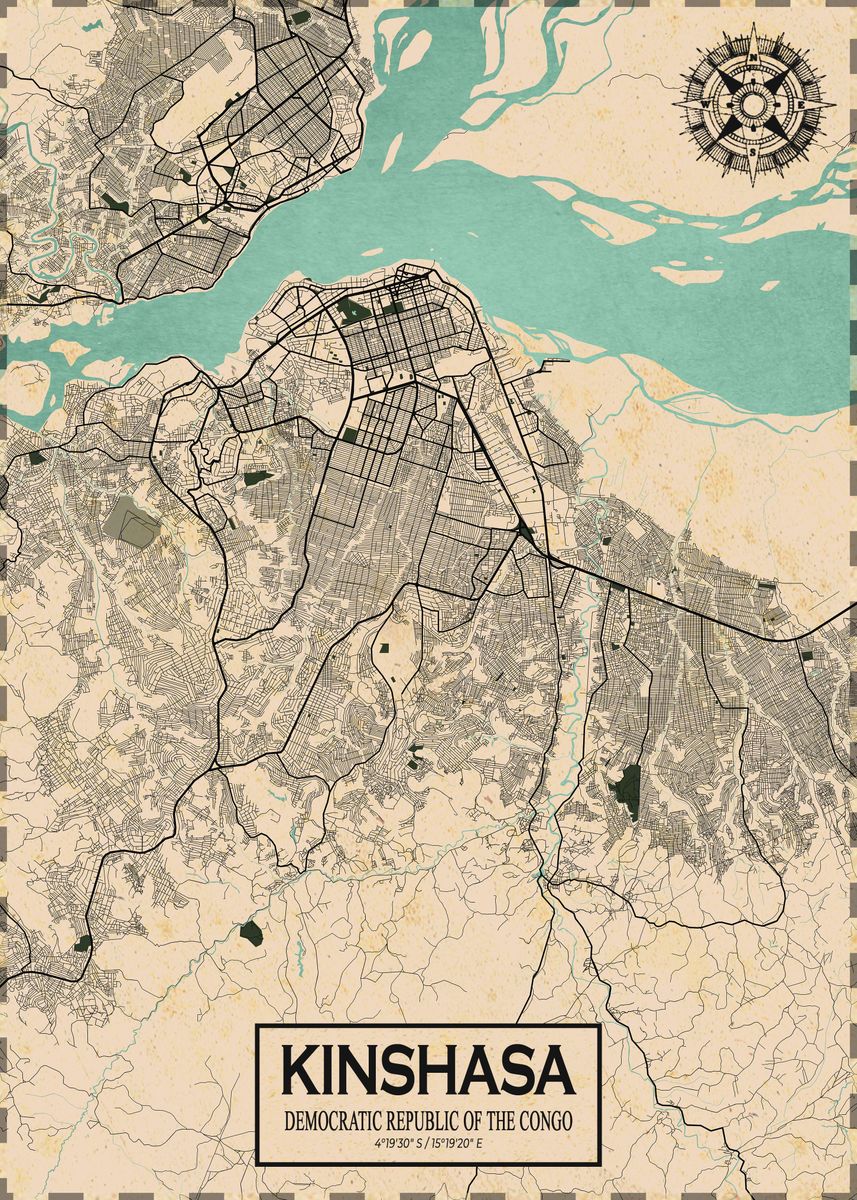 'Kinshasa City Map Vintage' Poster, picture, metal print, paint by ...