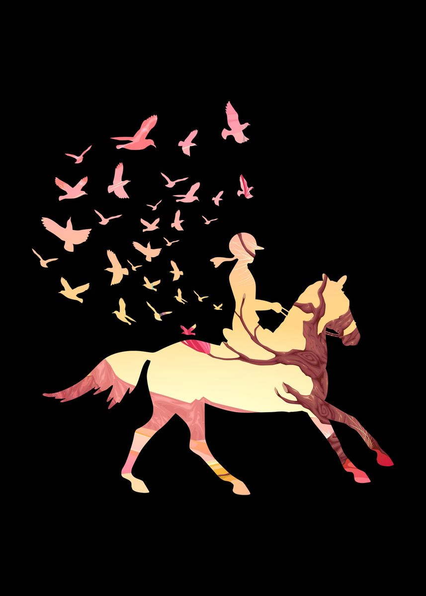 'Horse Riding Birds Nature' Poster, picture, metal print, paint by ...