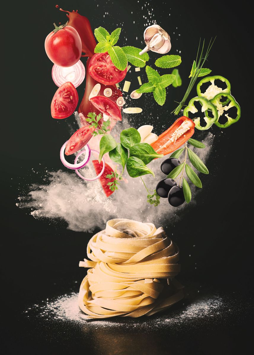 'Pasta noodles flying food' Poster, picture, metal print, paint by ...