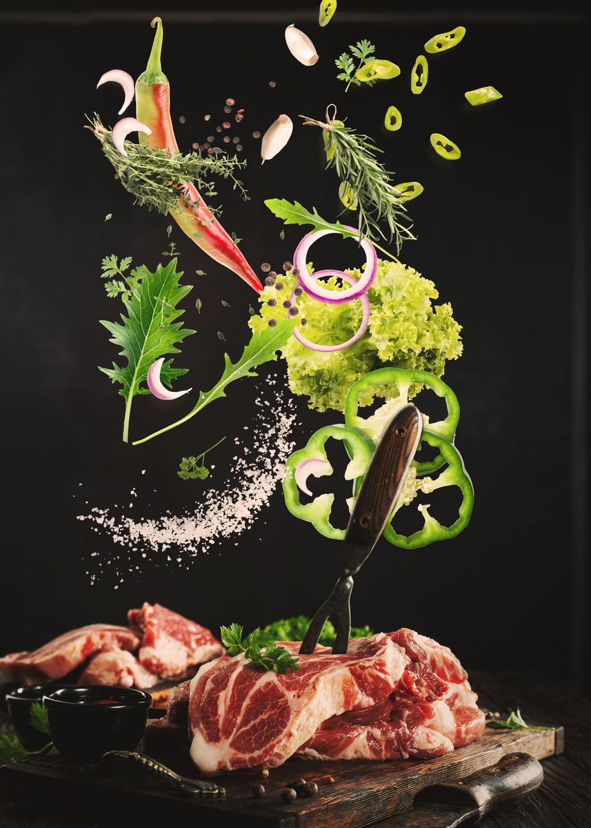 'Tasty Meat and ingredients' Poster, picture, metal print, paint by ...