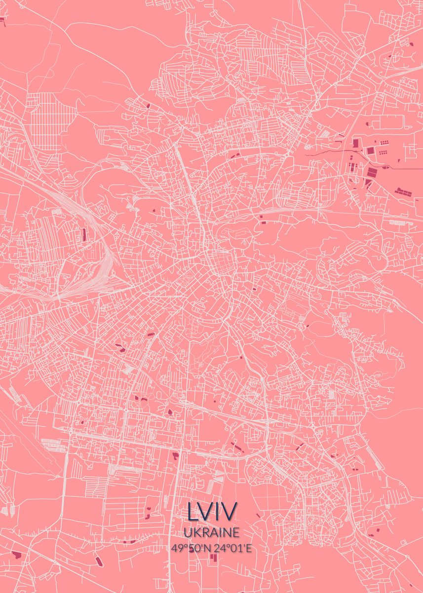 'Lviv Pink Rose Map Lvov' Poster, picture, metal print, paint by ...