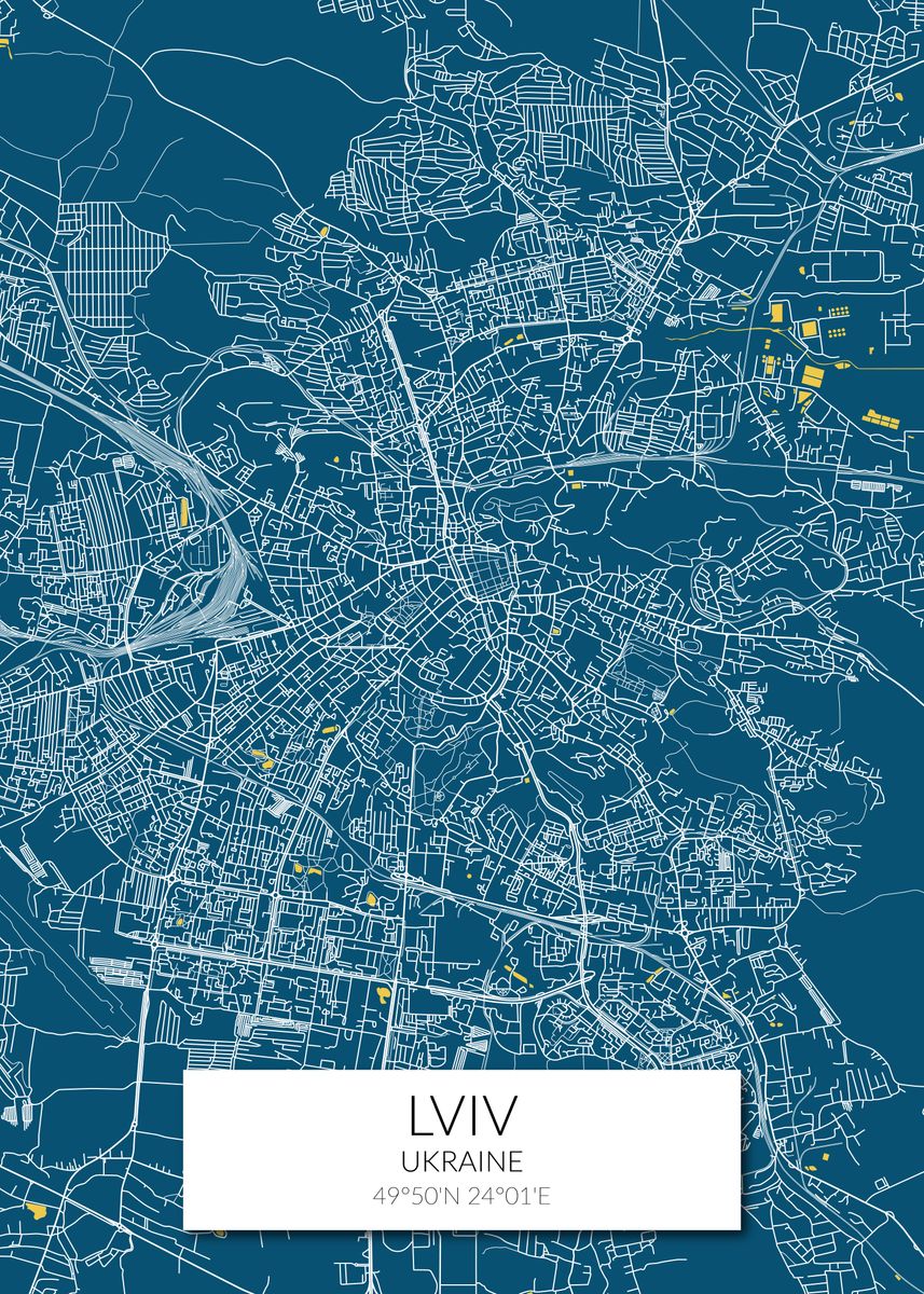 'Lviv Map Blue White Lvov' Poster, picture, metal print, paint by ...