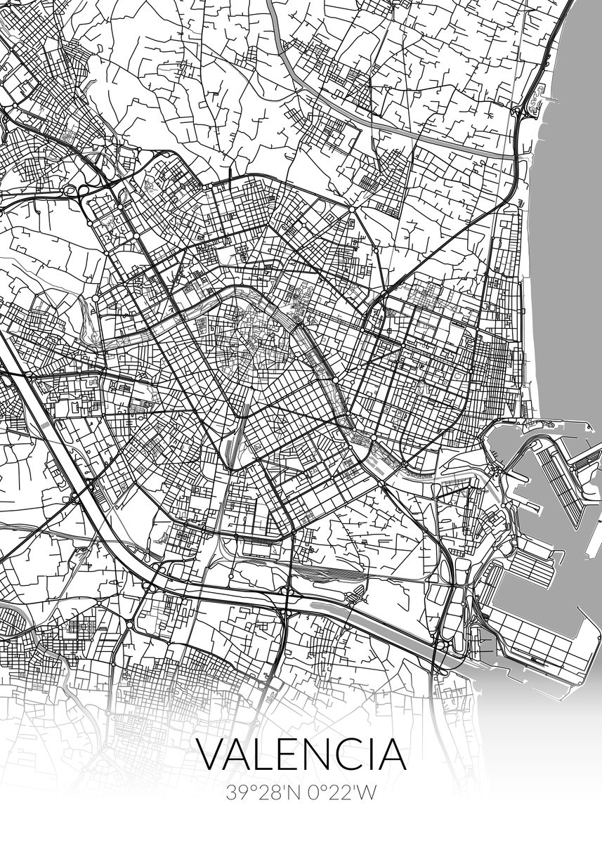 'Valencia City Map White' Poster, picture, metal print, paint by ...
