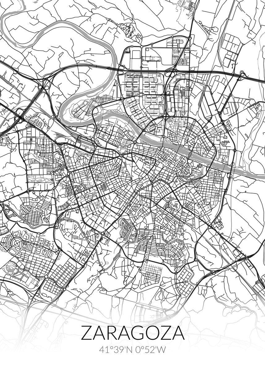 'Zaragoza City Map White' Poster, picture, metal print, paint by ...