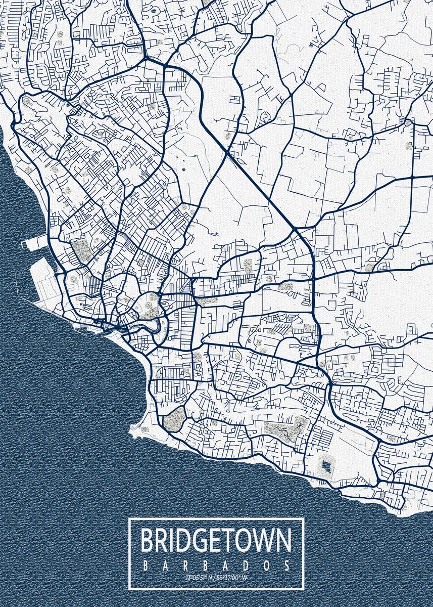 'Bridgetown Map Coastal' Poster, picture, metal print, paint by deMAP ...