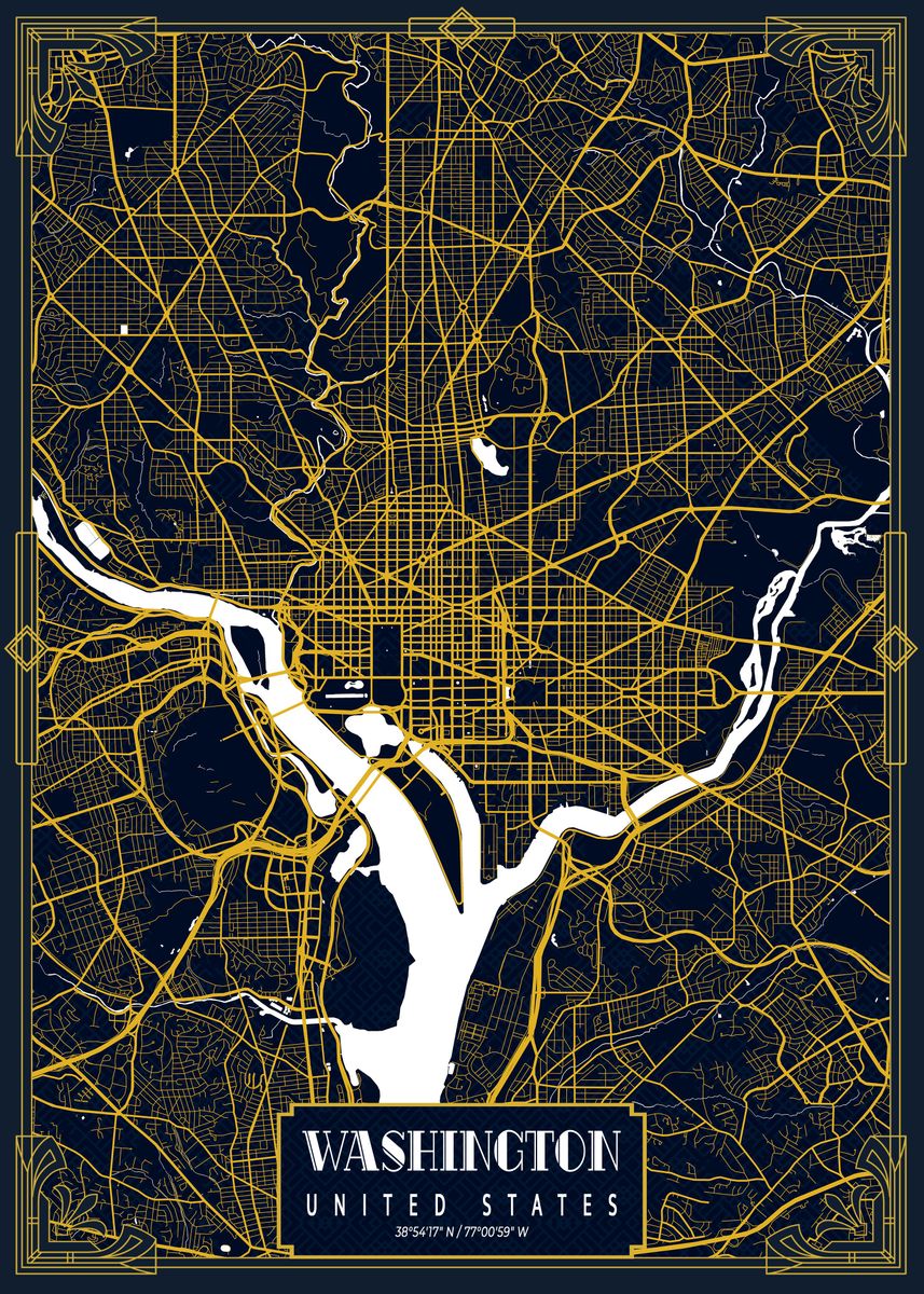 'Washington DC Map Gold' Poster, picture, metal print, paint by deMAP ...