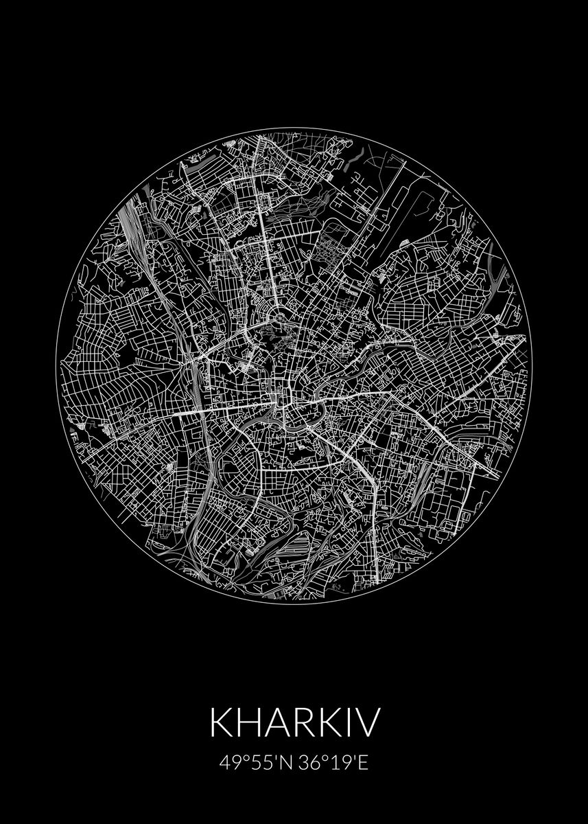 'Kharkiv City Map Black' Poster, picture, metal print, paint by ...