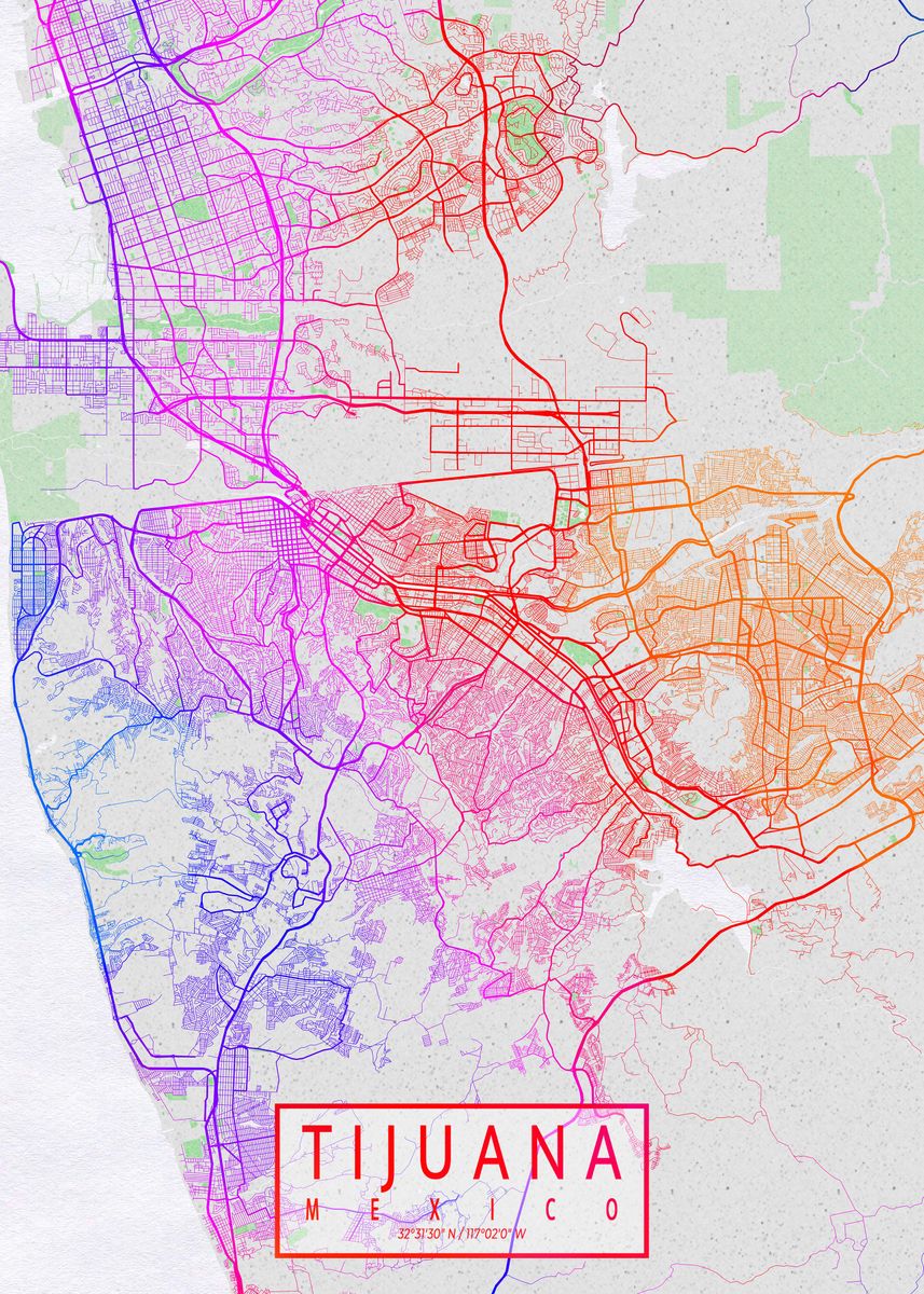 'Tijuana City Map Colorful' Poster, picture, metal print, paint by ...