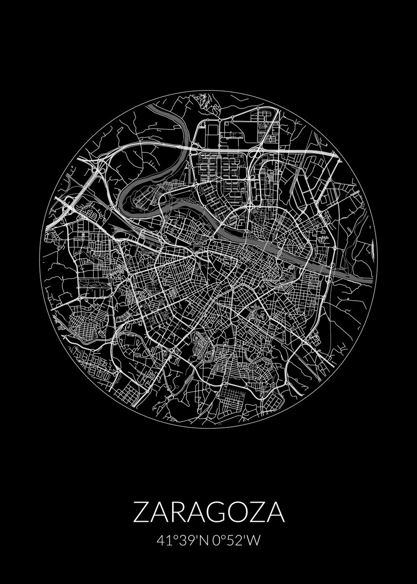 'Zaragoza City Map Black' Poster, picture, metal print, paint by ...