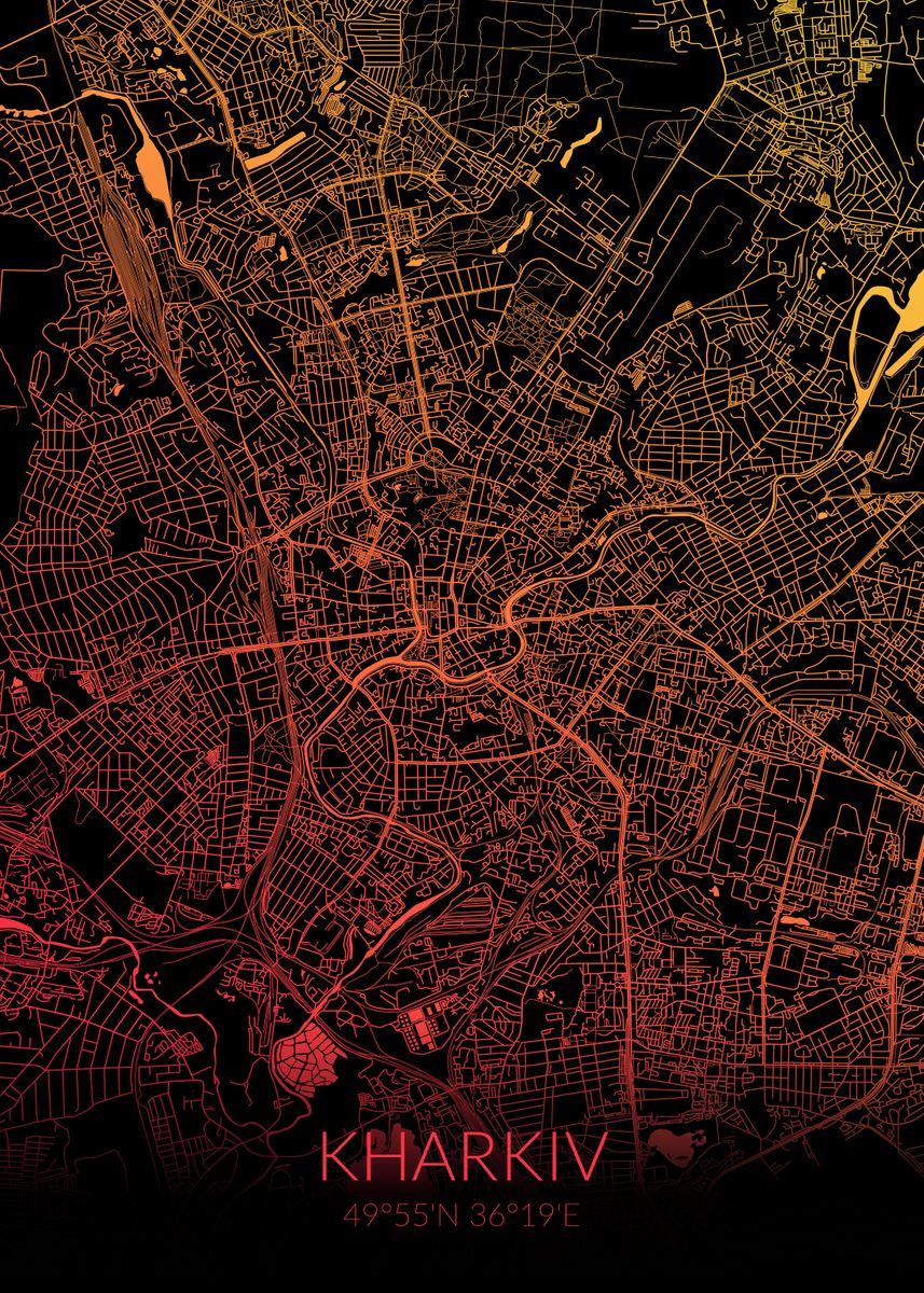 'Kharkiv Map Black Orange' Poster, picture, metal print, paint by ...