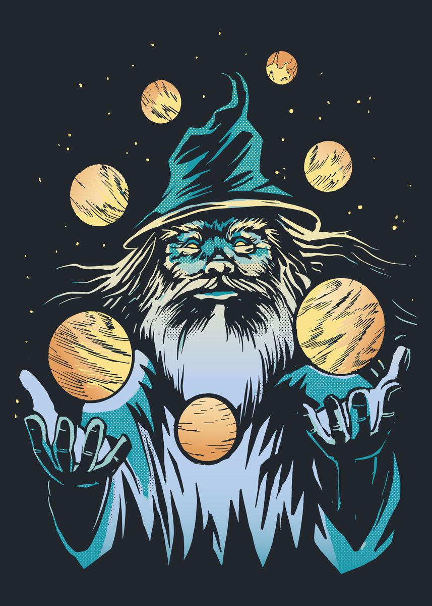 'Wizard juggling planets' Poster, picture, metal print, paint by ...