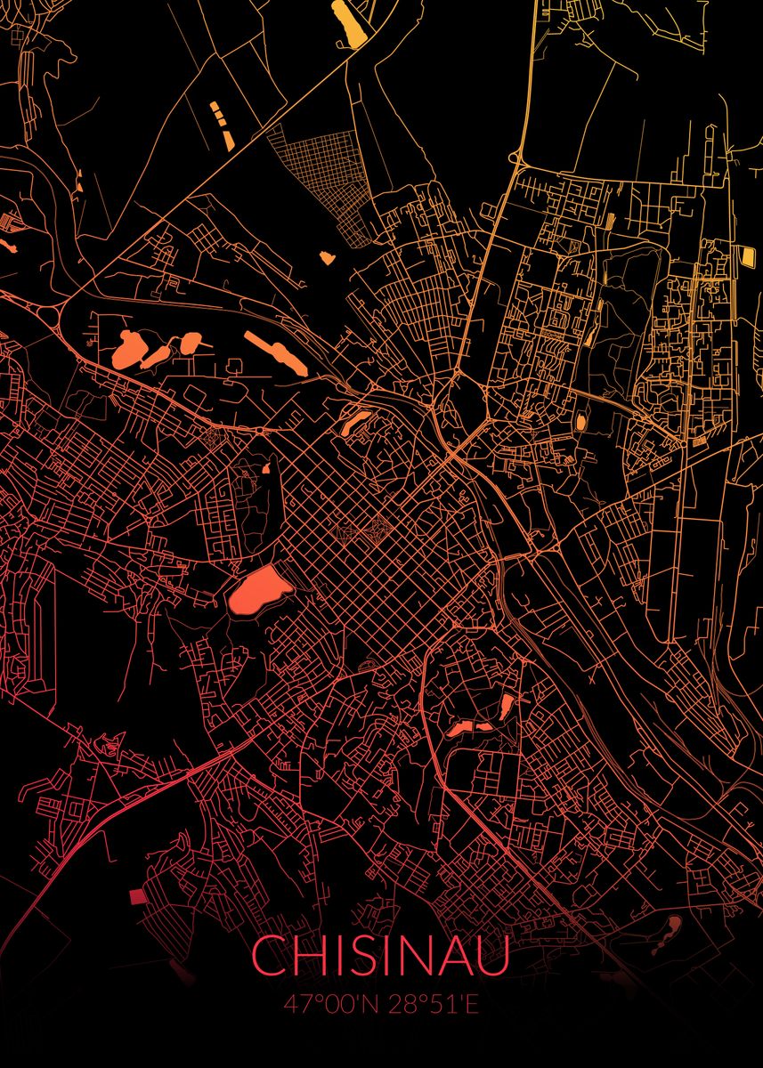 'Chisinau Map Black Orange' Poster, picture, metal print, paint by ...