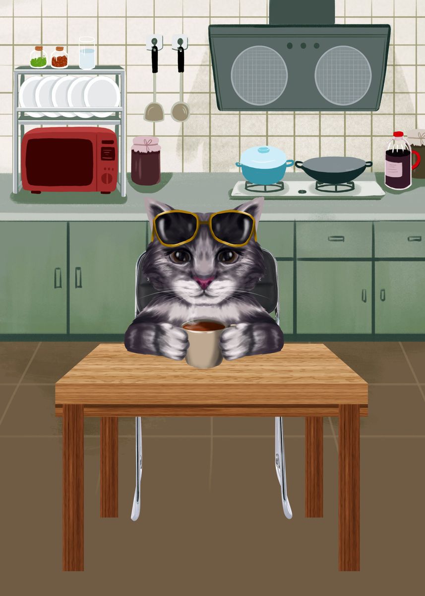 'Cat with Coffee in Kitchen' Poster, picture, metal print, paint by Max ...