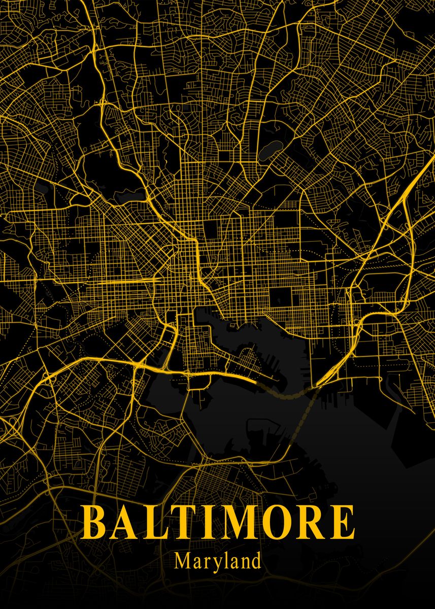 'Baltimore Gold City Map' Poster, picture, metal print, paint by Nae ...