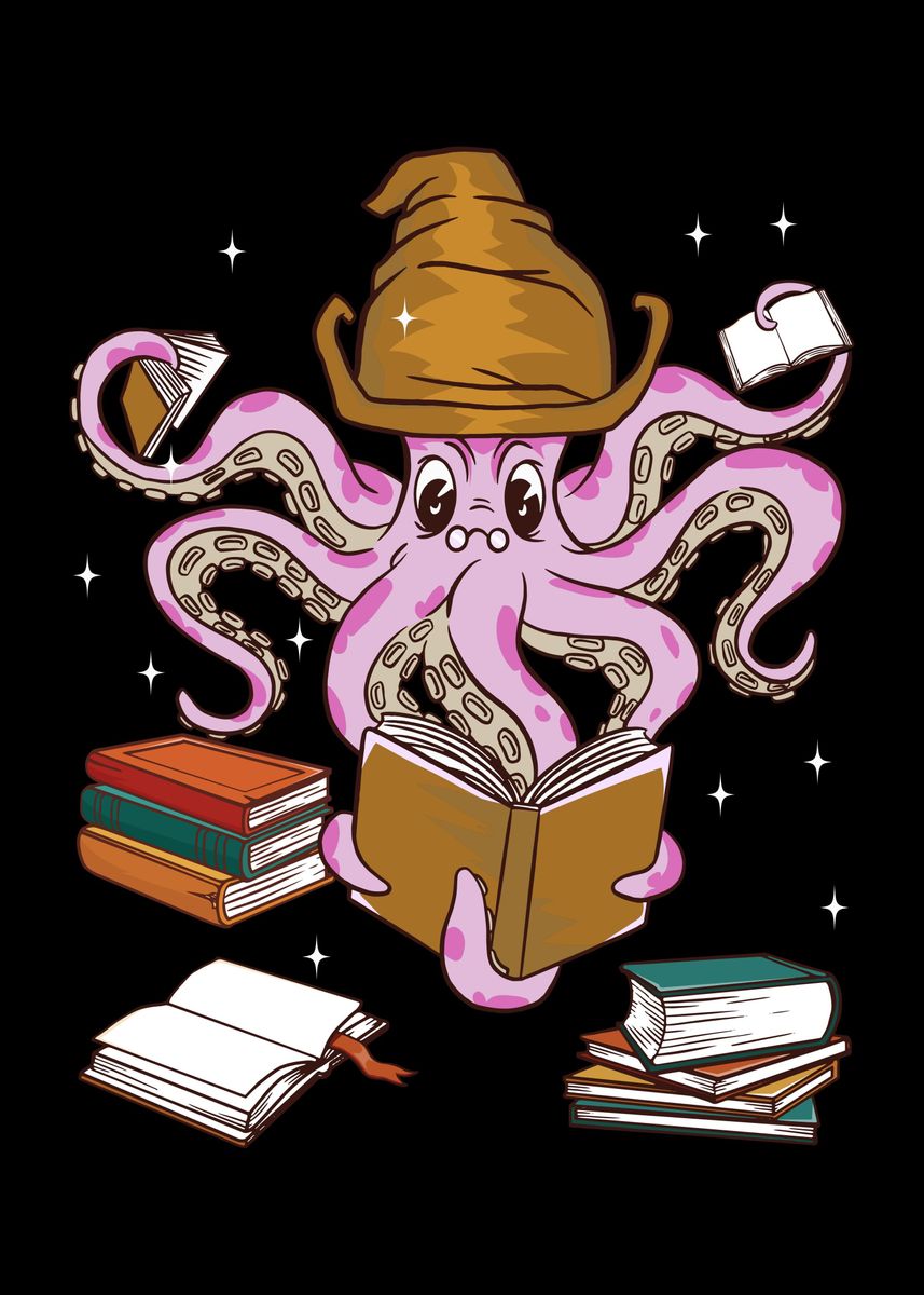 'Book Reading Octopus' Poster, picture, metal print, paint by ...