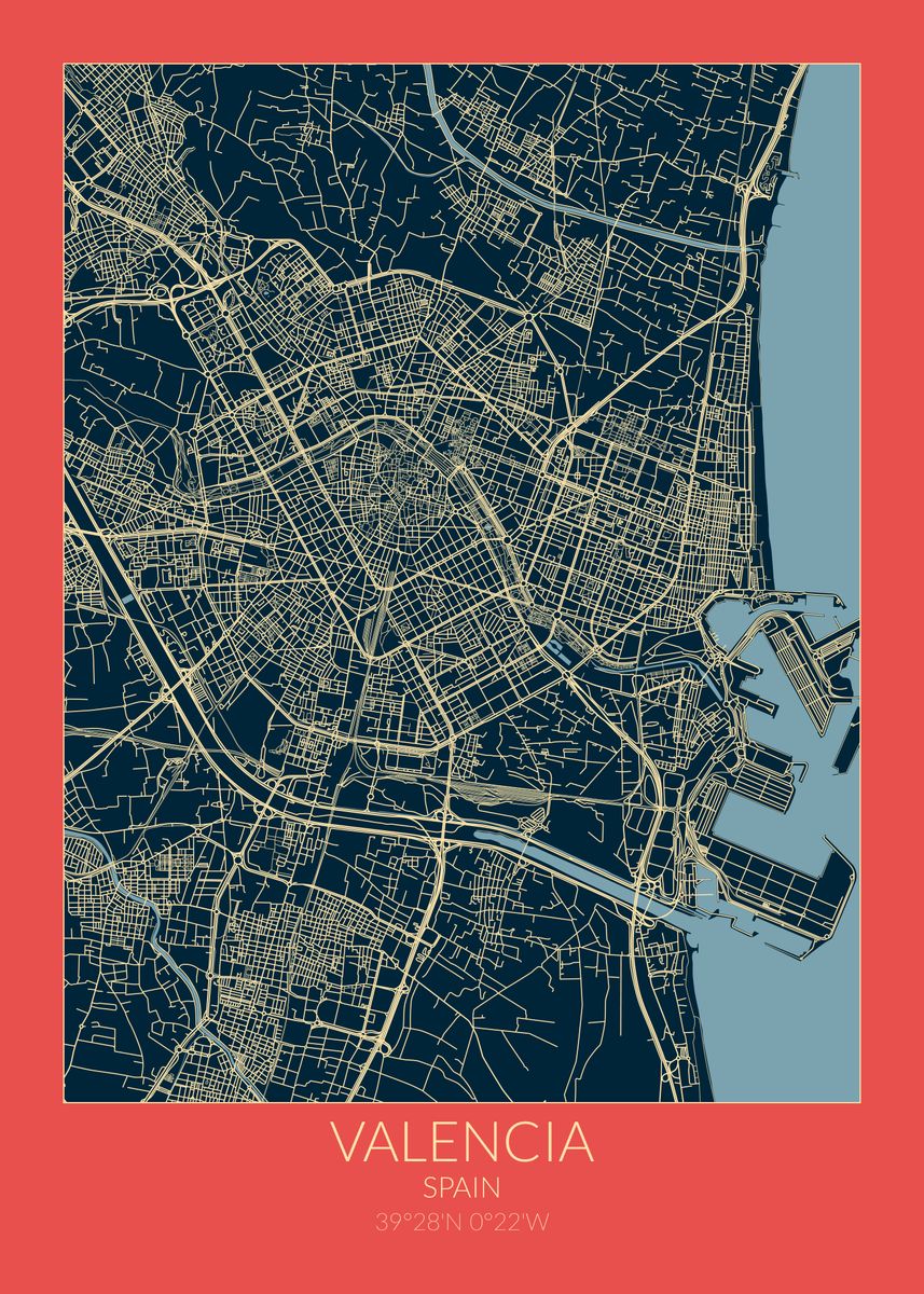 'Valencia Map Red Blue' Poster, picture, metal print, paint by dkDesign ...