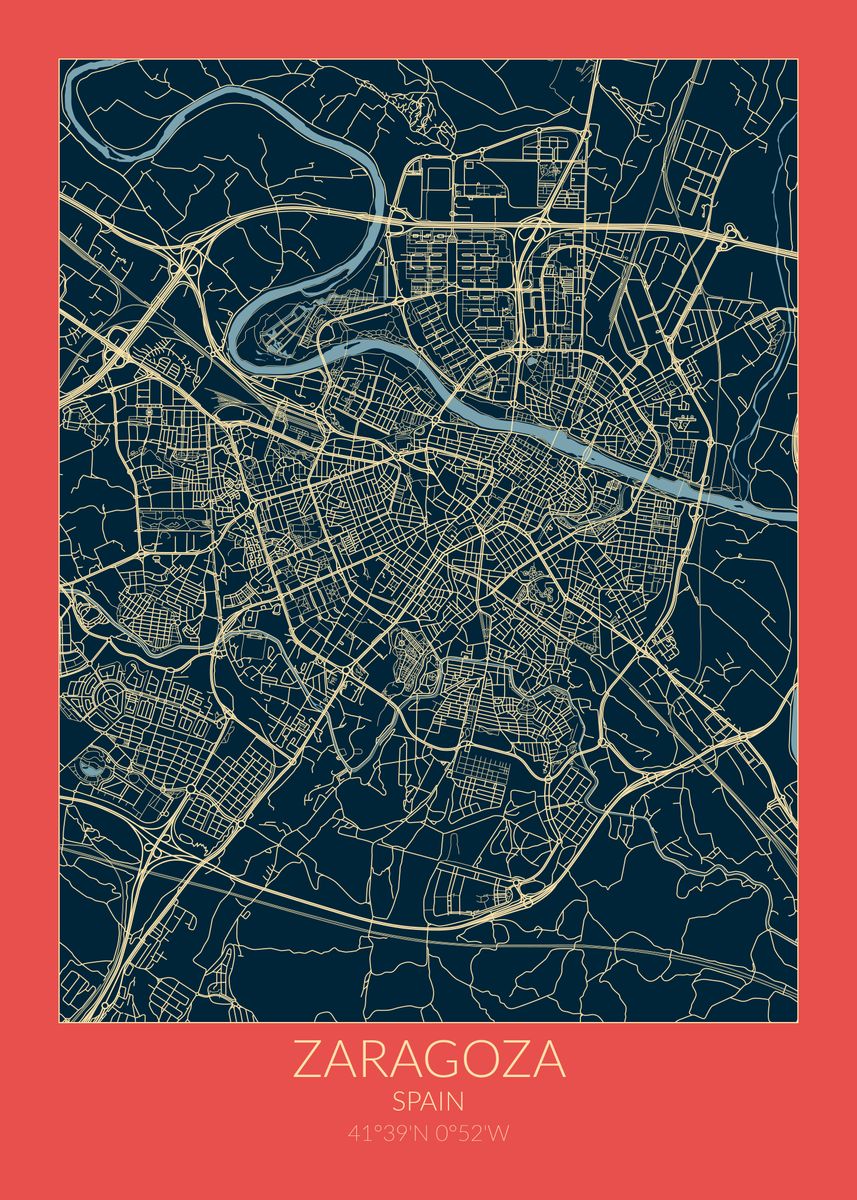 'Zaragoza Map Red Blue' Poster, picture, metal print, paint by dkDesign ...