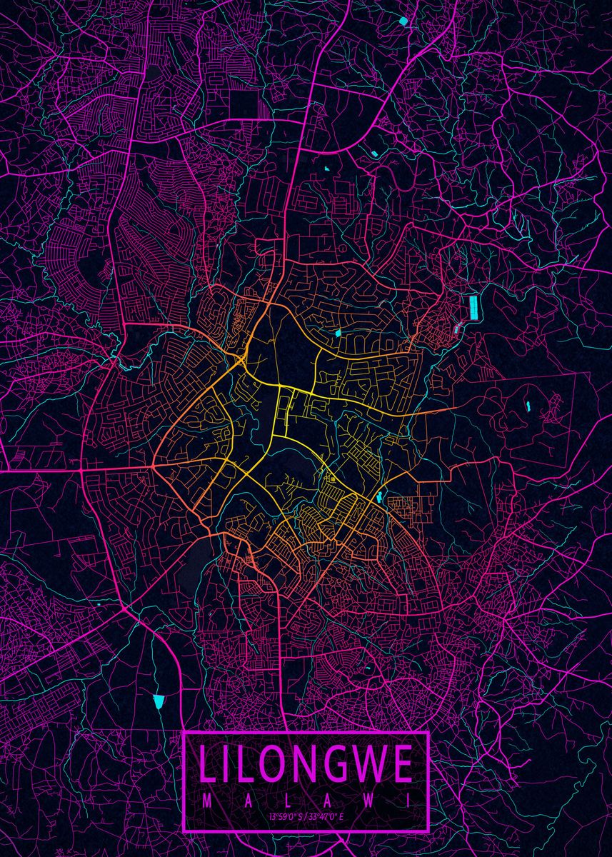 'Lilongwe City Map Neon' Poster, picture, metal print, paint by deMAP ...