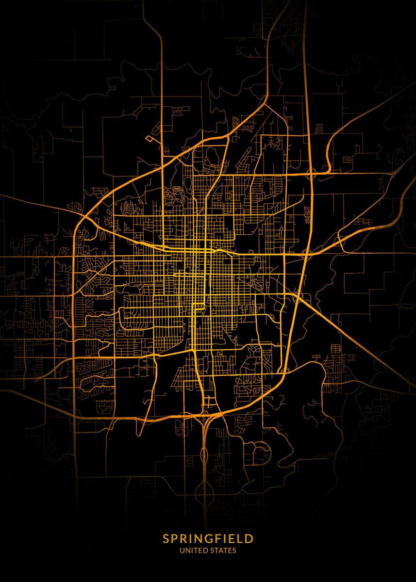 'Springfield City Map Gold' Poster, picture, metal print, paint by ...