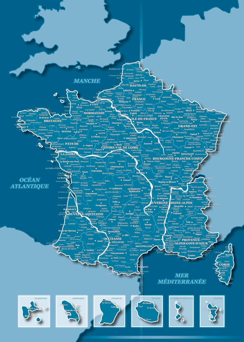 'Map of France : Blue' Poster by Ghost | Displate