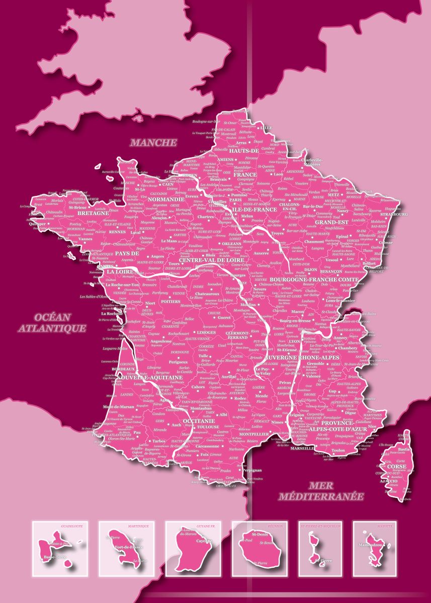 'Map of France : Pink' Poster by Ghost | Displate
