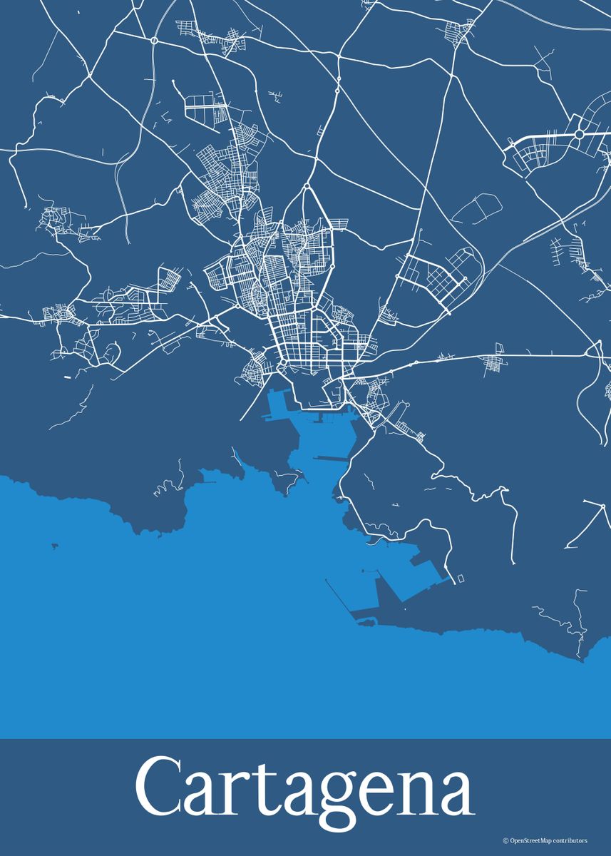 'Cartagena Spain Blue Map' Poster, picture, metal print, paint by ...