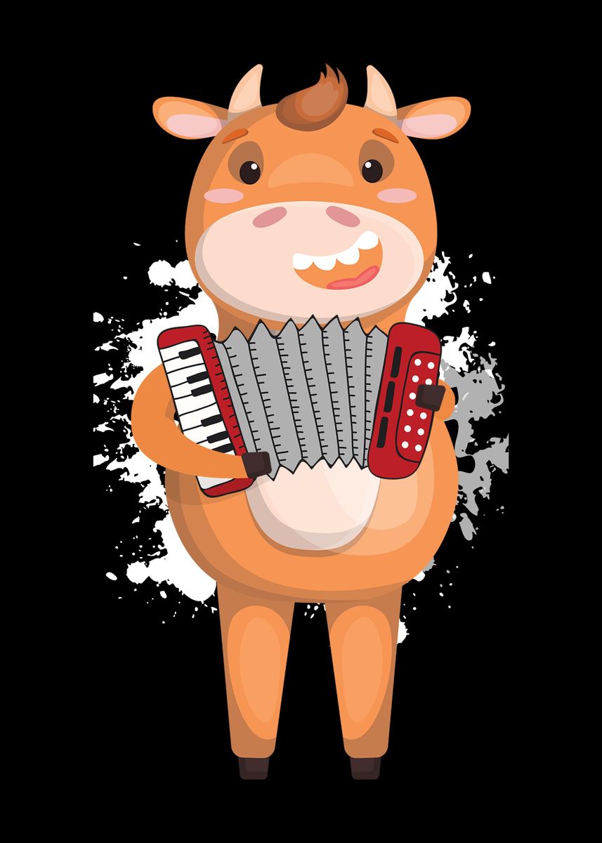 'Cow Playing Accordion Folk' Poster, picture, metal print, paint by ...