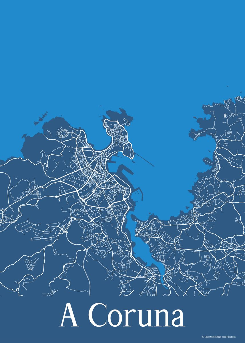 'A Coruna Spain Blue Map' Poster by Mappingz | Displate