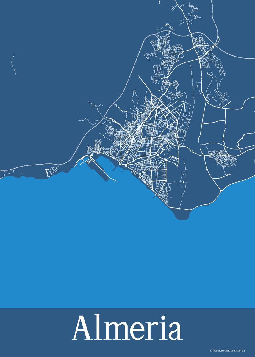 'Almeria Spain Blue Map' Poster by Mappingz | Displate