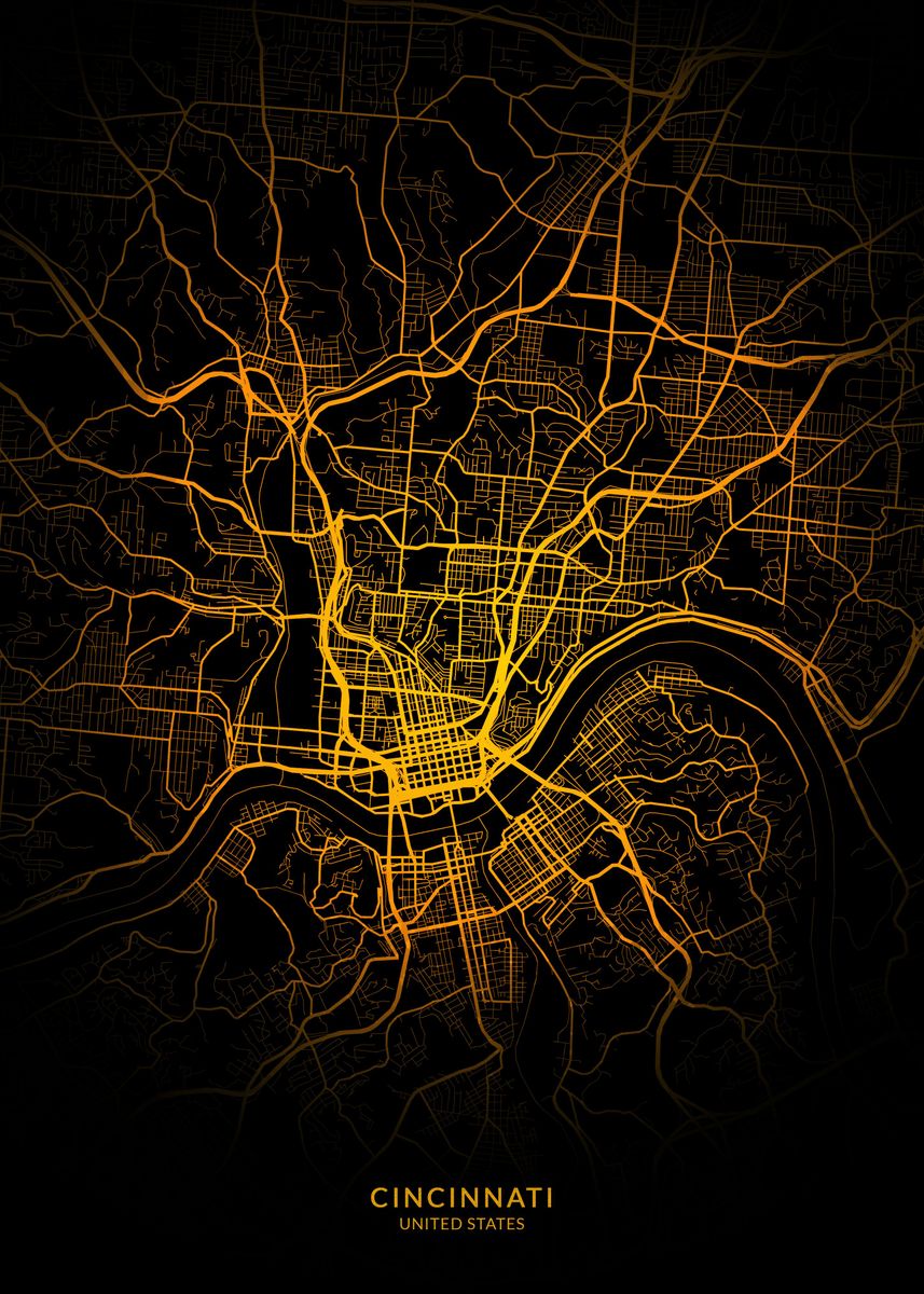 'Cincinnati City Map Gold' Poster, picture, metal print, paint by Trulaf Design | Displate