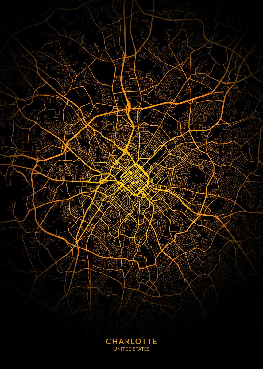 'Charlotte City Map Gold' Poster, picture, metal print, paint by Trulaf ...