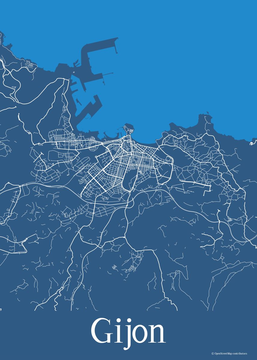 'Gijon Spain Blue Map' Poster, picture, metal print, paint by Mappingz ...