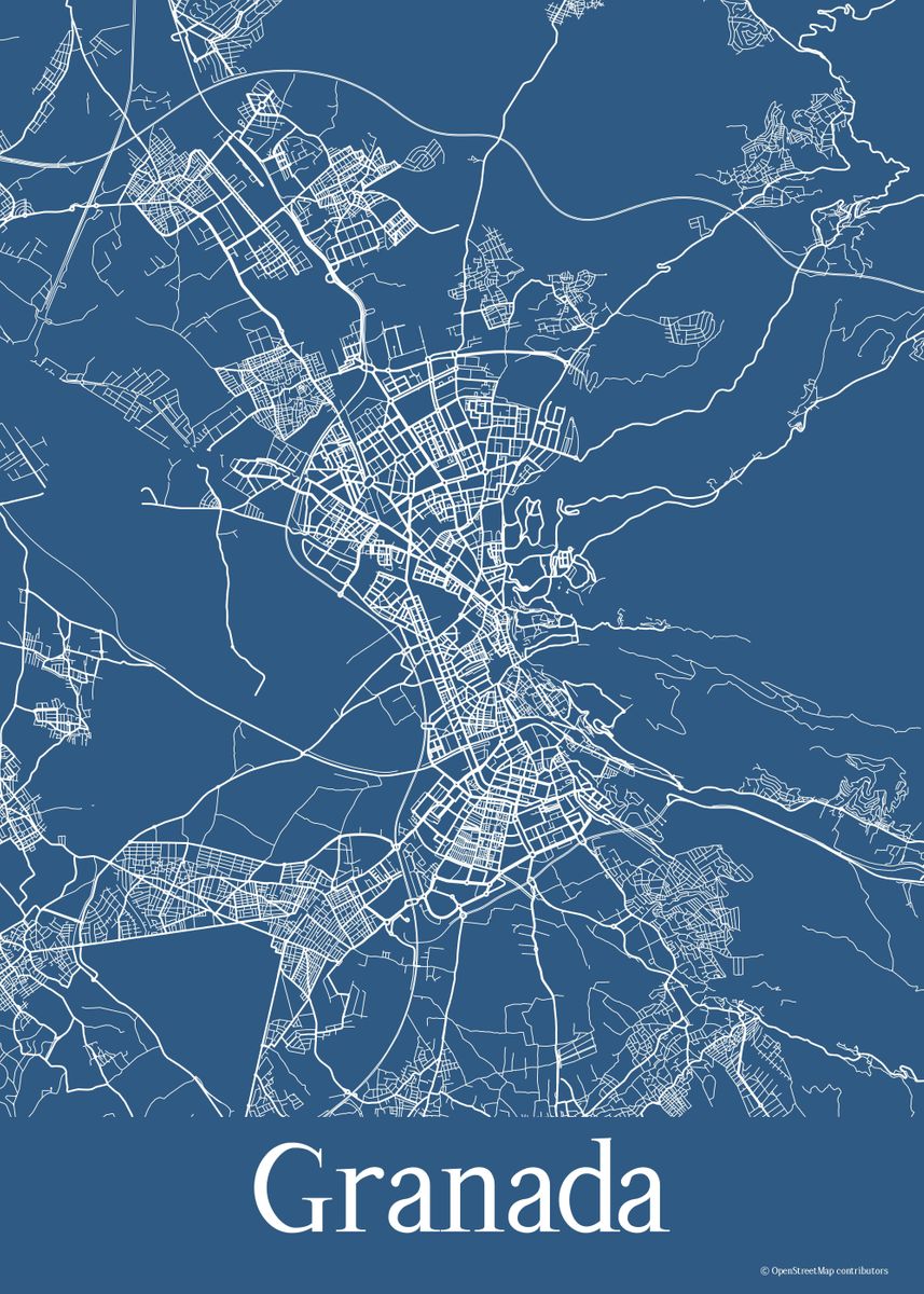 'Granada Spain Blue Map' Poster by Mappingz | Displate