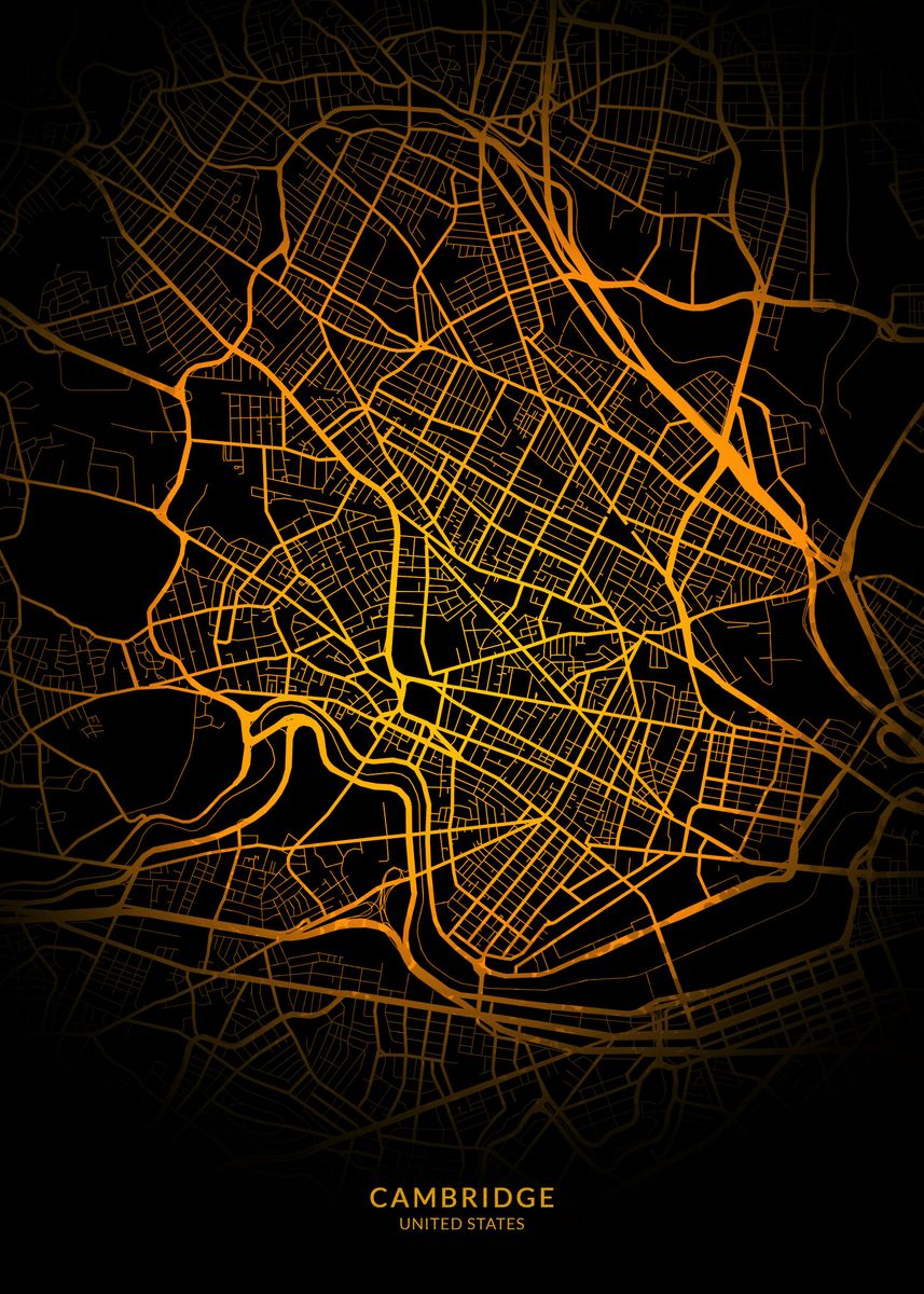 'Cambridge City Map Gold' Poster, picture, metal print, paint by Trulaf Design | Displate