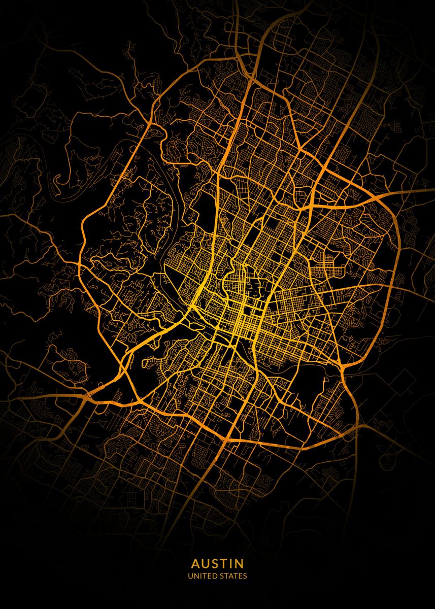 'Austin City Map Gold' Poster, picture, metal print, paint by Trulaf Design | Displate