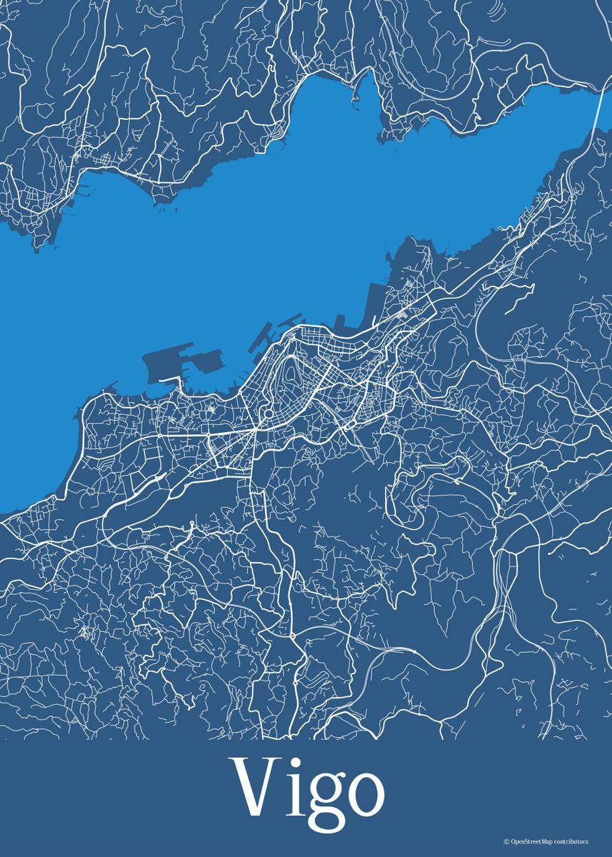 'Vigo Spain Blue Map' Poster, picture, metal print, paint by Mappingz ...