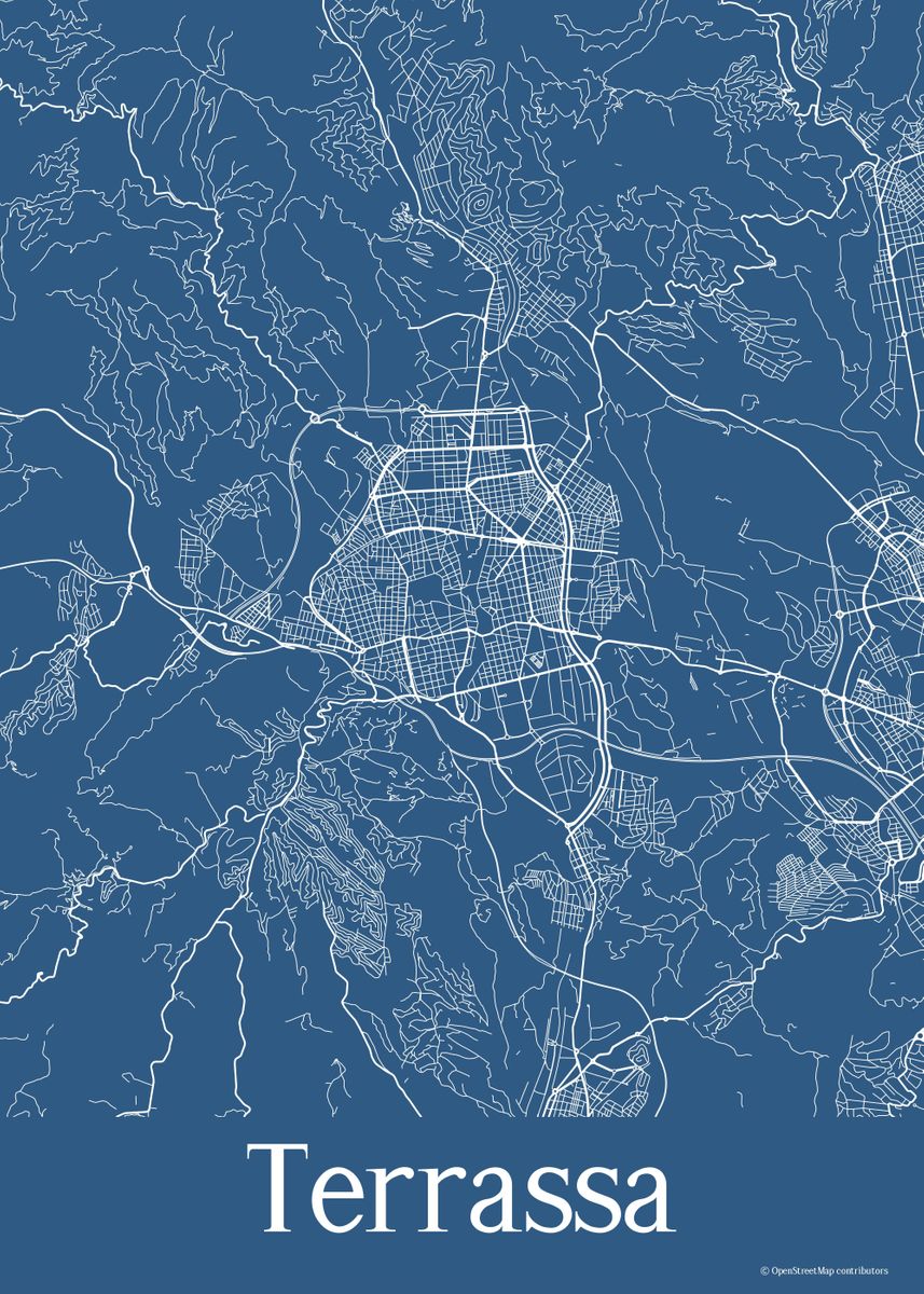 'Terrassa Spain Blue Map' Poster, picture, metal print, paint by ...