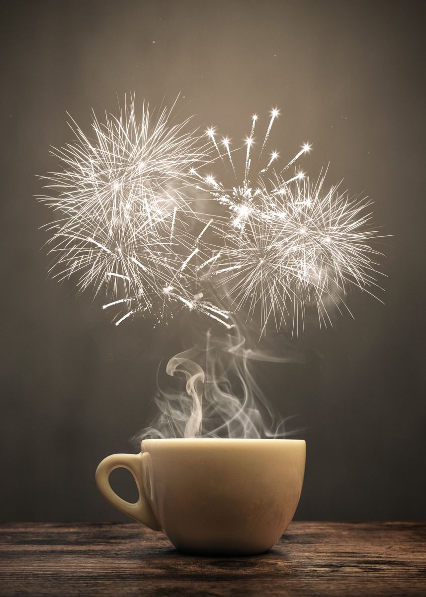 'Coffee Cup With Fireworks' Poster, picture, metal print, paint by ...