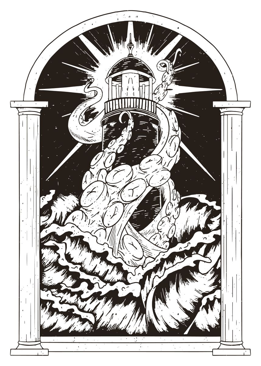 'Sea monster and lighthouse' Poster, picture, metal print, paint by ...