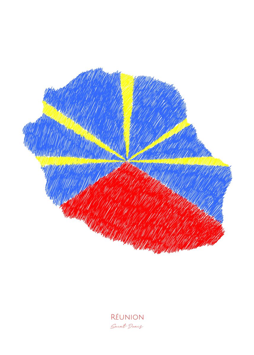 'REUNION FLAG MAP LINE ART' Poster, picture, metal print, paint by ...